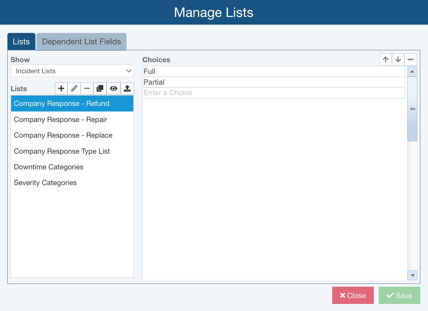 Using The Manage Lists Dialog For Lists And Dependent Lists In Relyence Fracas